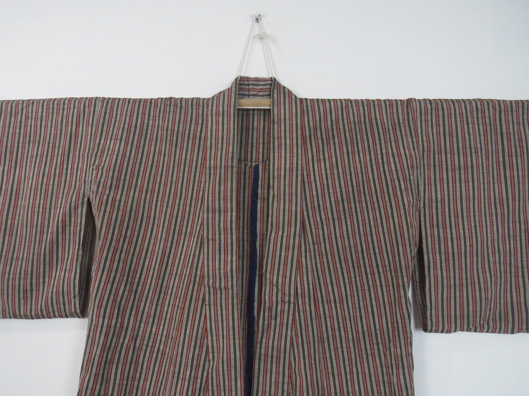 Vintage Japanese Kimono Grey Color Line Pattern Kimono Robe Nightwear ...