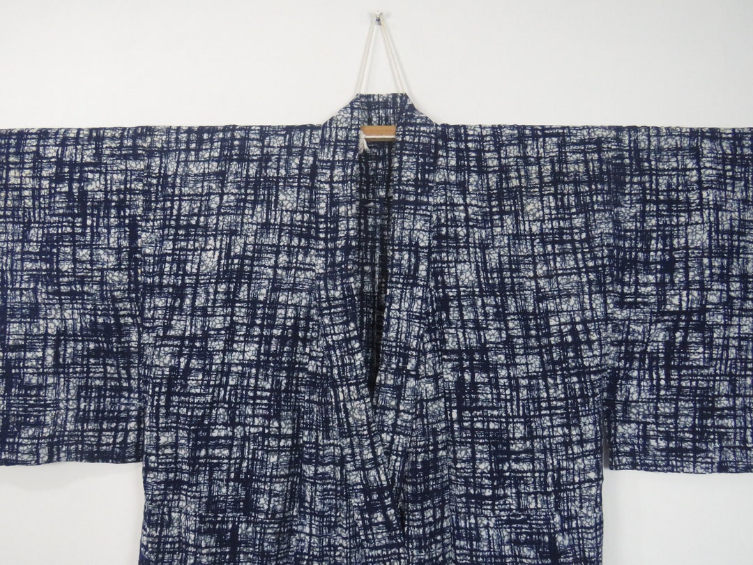Vintage Japanese Cotton Yukata White, Blue and Grey Color Square ...