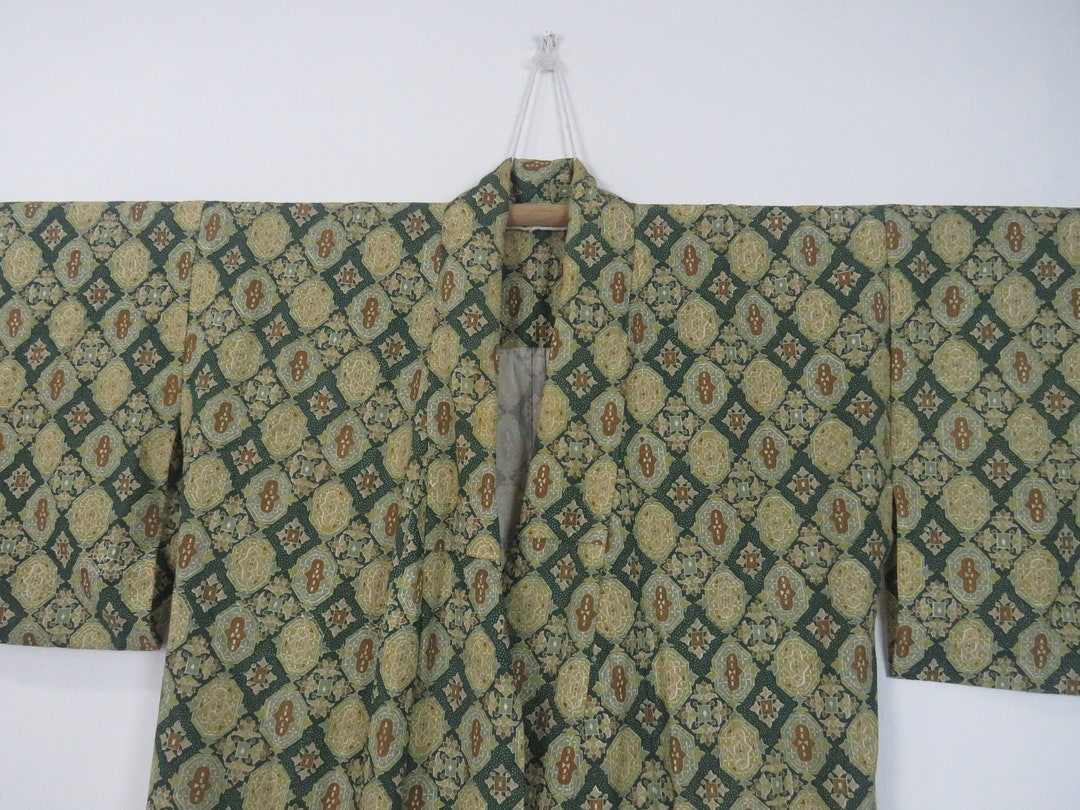 Vintage Japanese Kimono Dark Green, Yellow and Brown Color Abstract ...