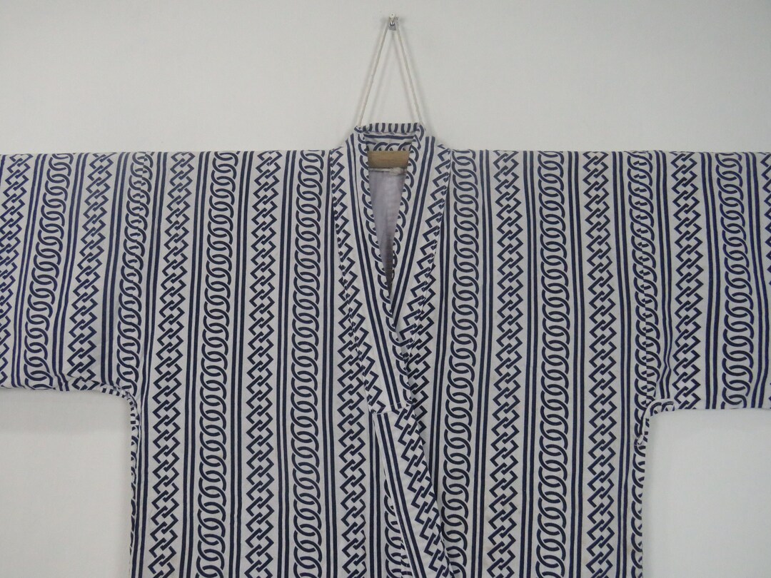 Vintage Japanese Cotton Yukata White Blue Color Various Shapes Pattern ...