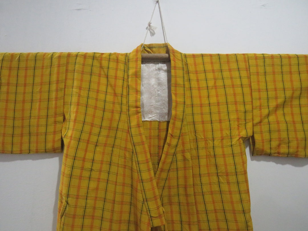 Vintage Japanese Jacket Haori Light Yellow Color Square Pattern Kimono ...