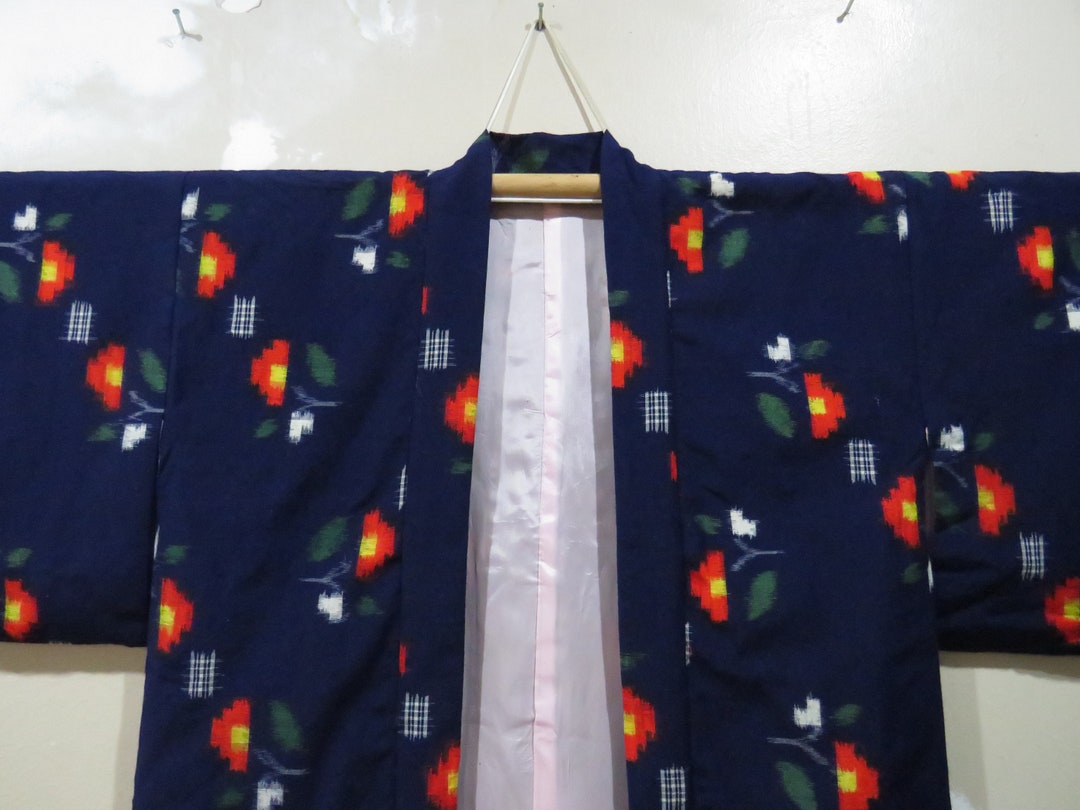 Vintage Japanese Jacket Haori Blue Color Flower Pattern Kimono Robe ...