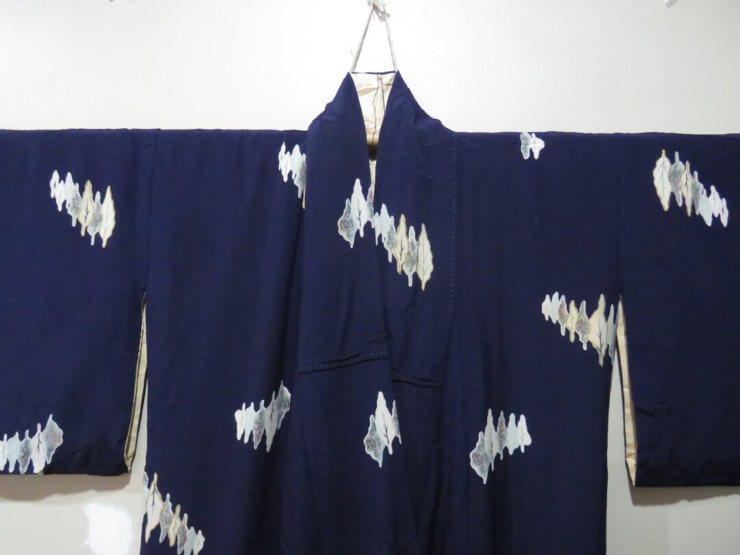 Vintage Japanese Kimono Dark Blue Color Leaf Pattern Kimono Robe ...