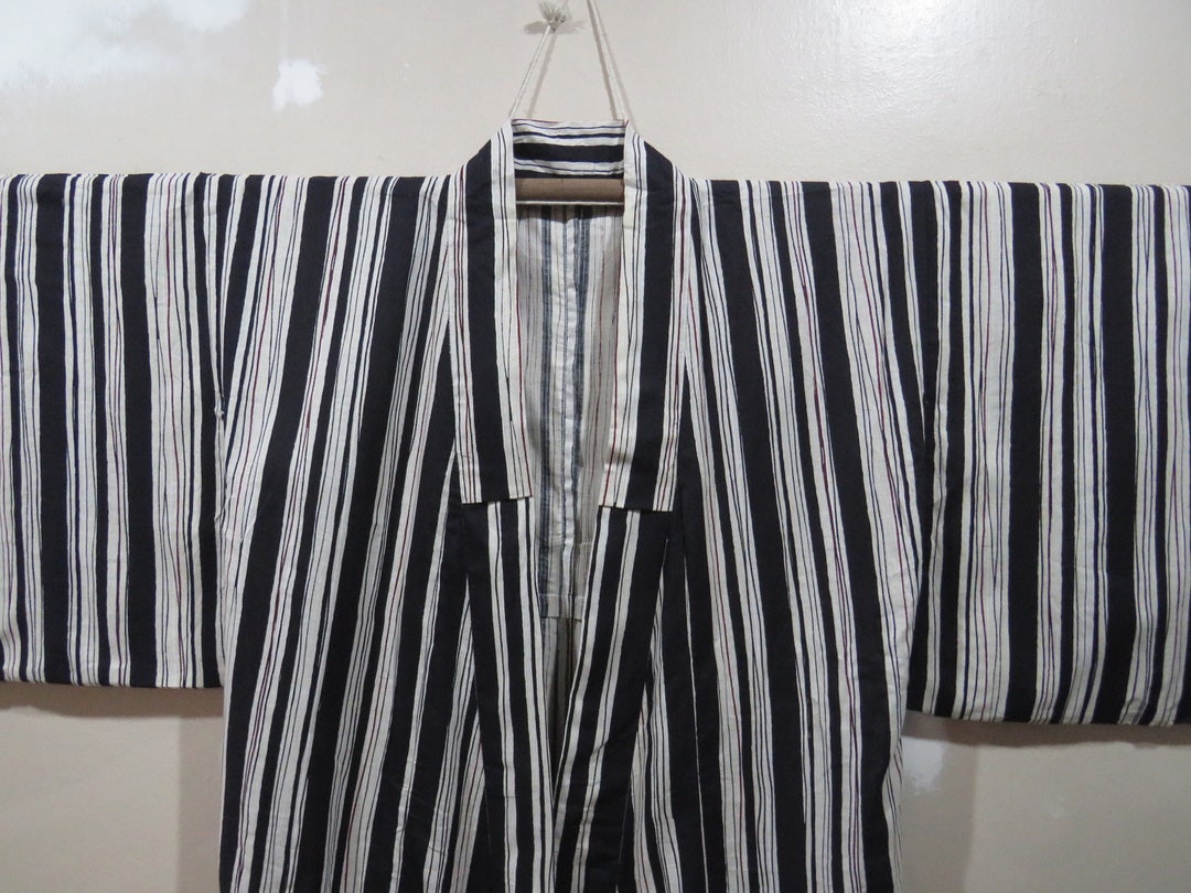 Vintage Japanese Kimono Black White Color Line Pattern Kimono Robe ...