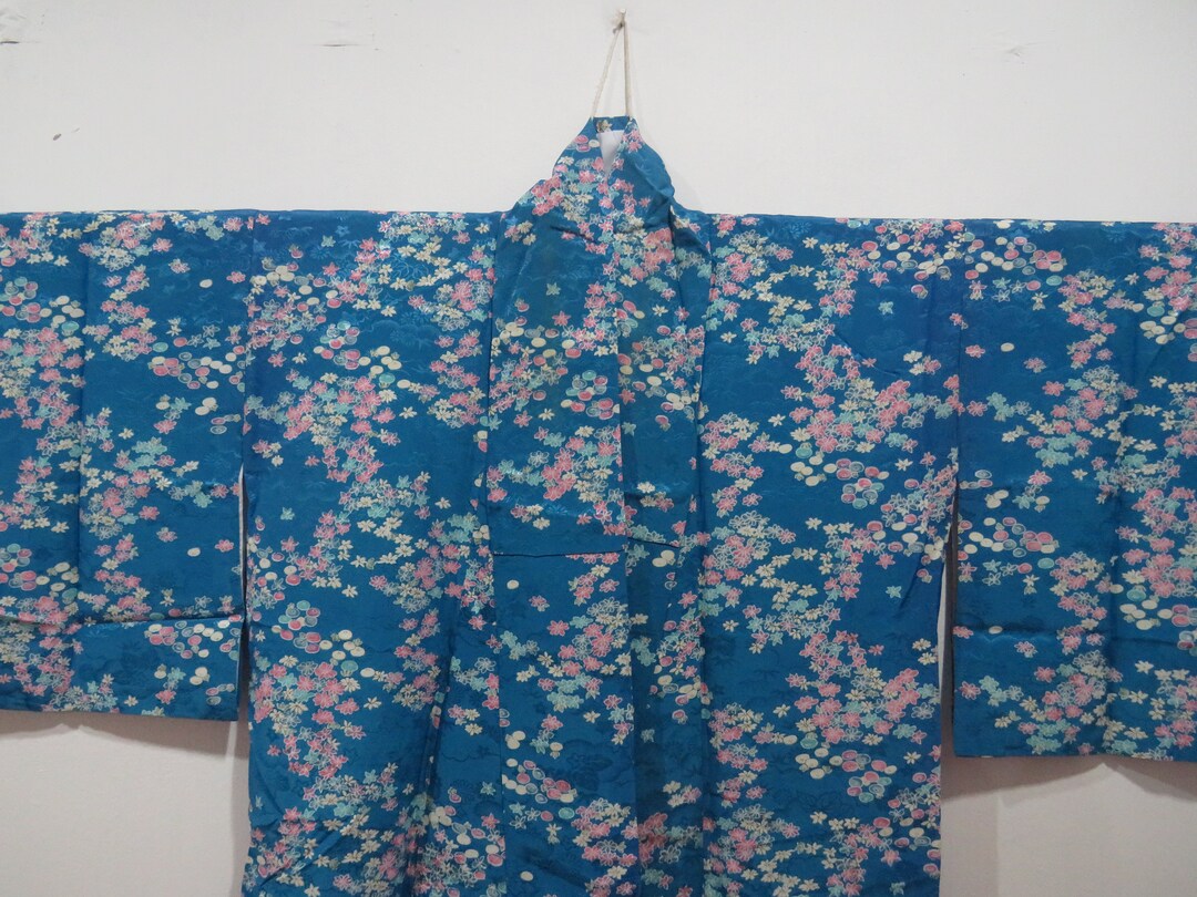 Vintage Japanese Kimono Blue Color Flower Pattern Kimono Robe Nightwear ...