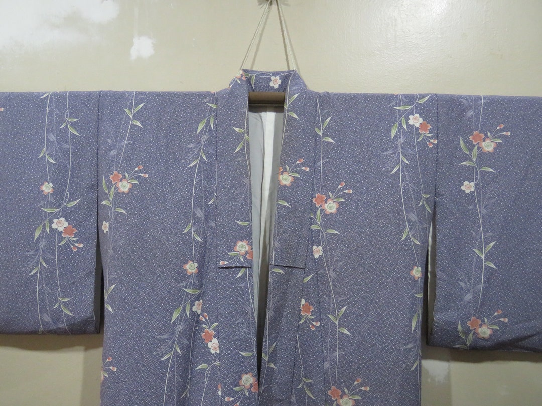 Vintage Japanese Kimono Purple Color Flower Pattern Kimono Robe ...