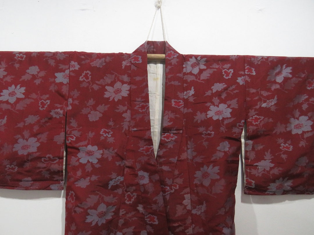 Vintage Japanese Kimono Maroon Color Flower Pattern Kimono Robe ...