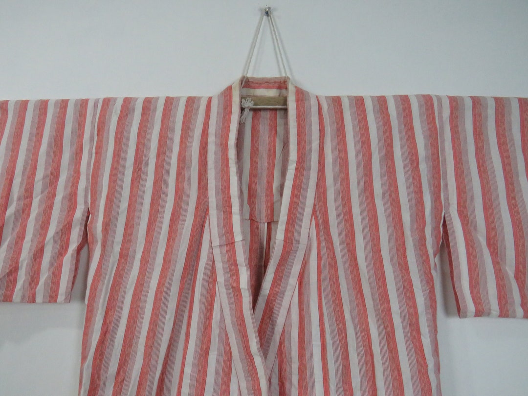 Vintage Japanese Cotton Yukata Peach White Color Line Pattern Kimono ...