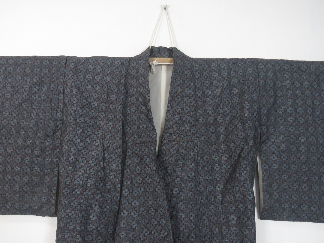 Vintage Japanese Kimono Blue and Coffee Color Various Shapes Pattern ...