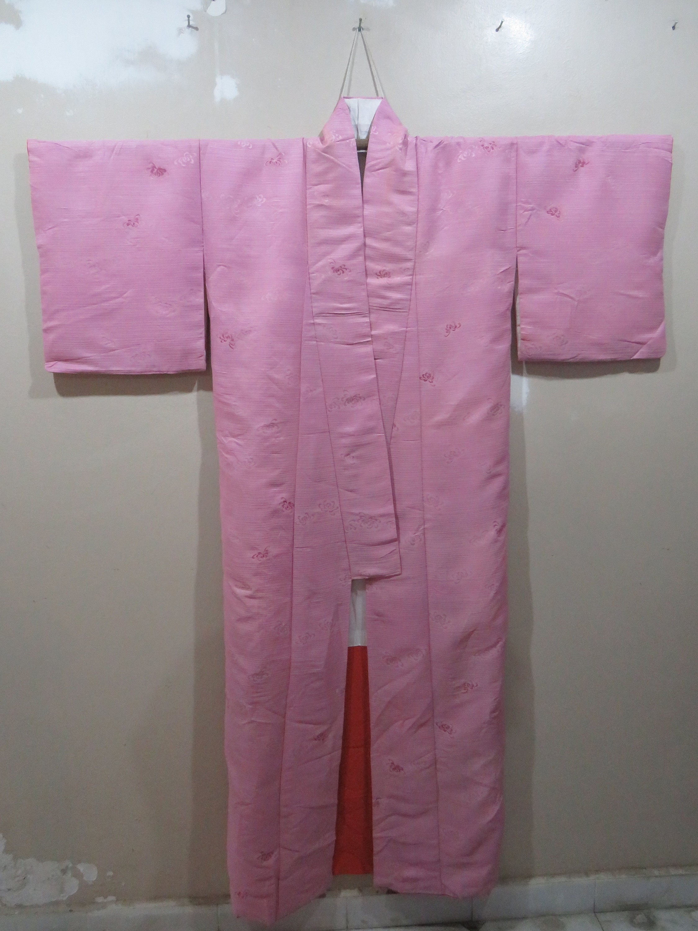 Vintage Japanese Kimono Pink Color Flower Pattern Kimono Robe Nightwear ...