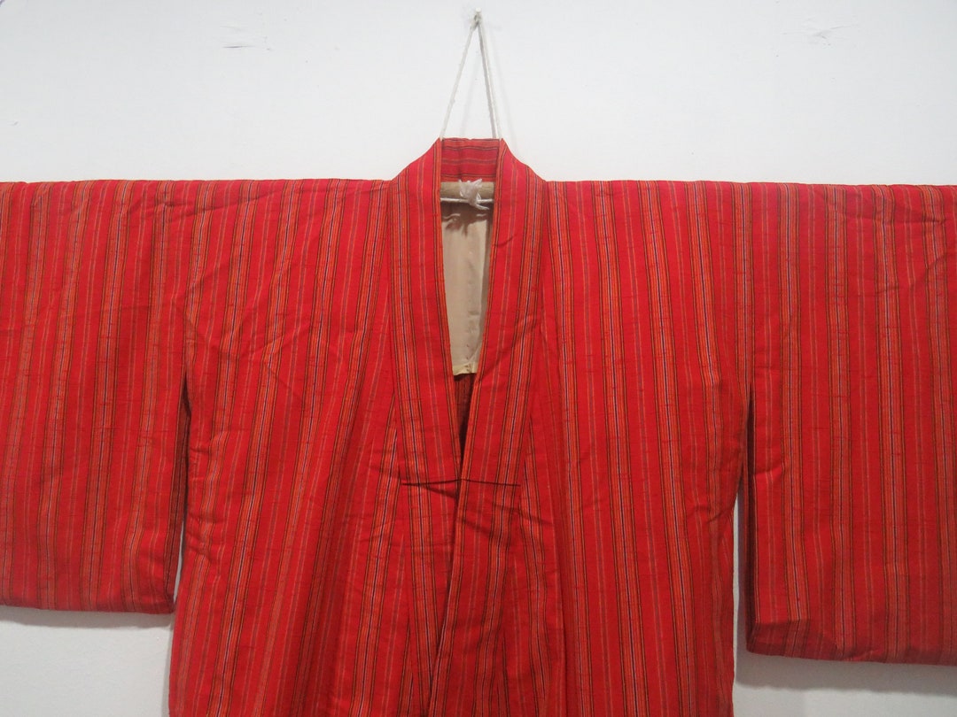 Vintage Japanese Kimono Red Color Line Pattern Kimono Robe Nightwear ...