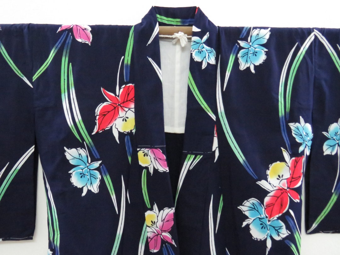 Vintage Japanese Cotton Yukata Dark Blue Color Flower Pattern Kimono ...