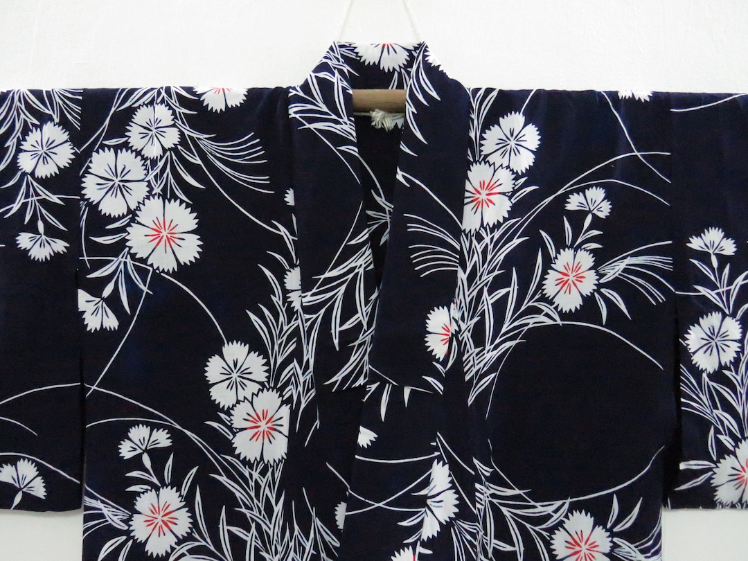 Vintage Japanese Cotton Yukata Dark Blue Color Flower Pattern Kimono ...