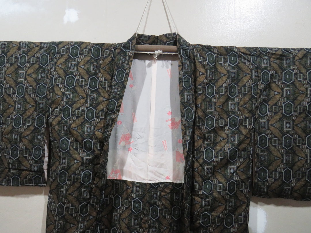 Vintage Japanese Jacket Haori Black Color Abstract Pattern Kimono Robe ...
