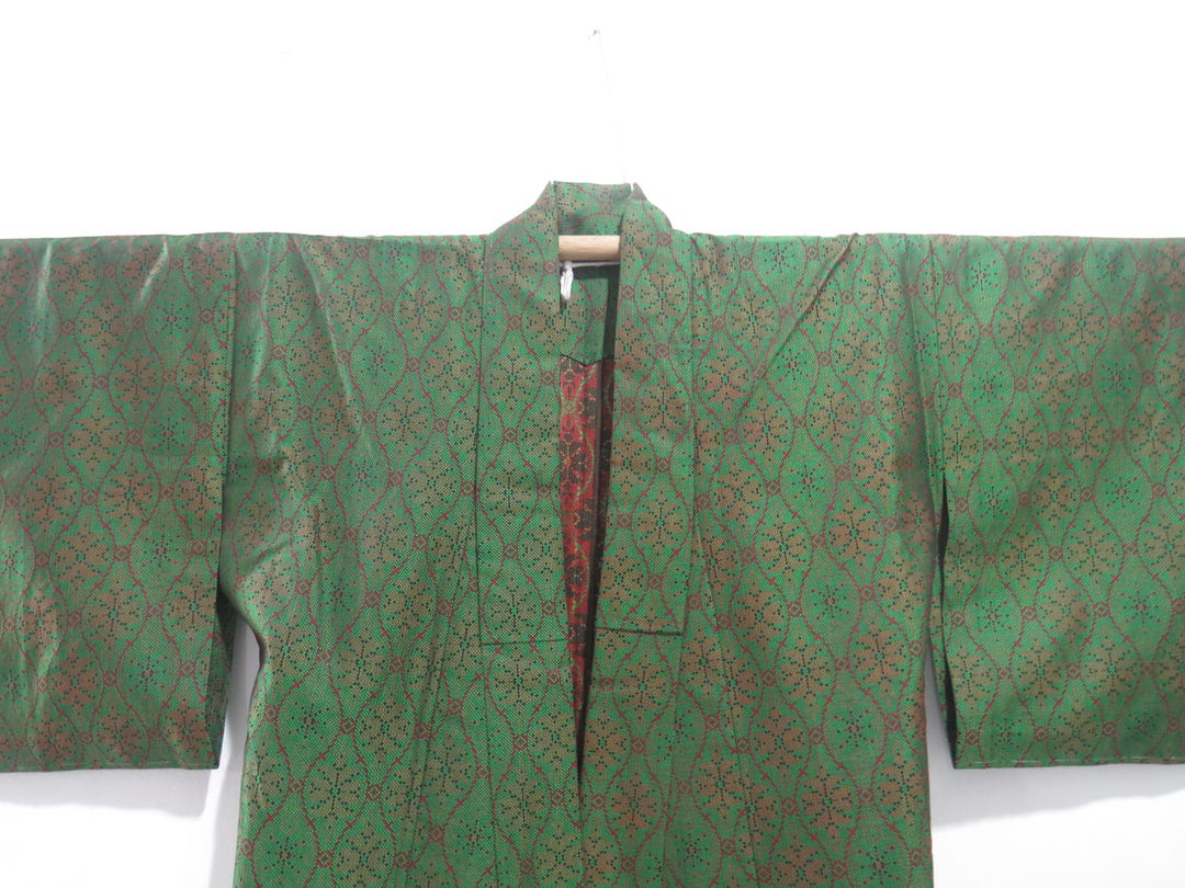 Vintage Japanese Kimono Sea Green and Red Color Flower Pattern Kimono ...