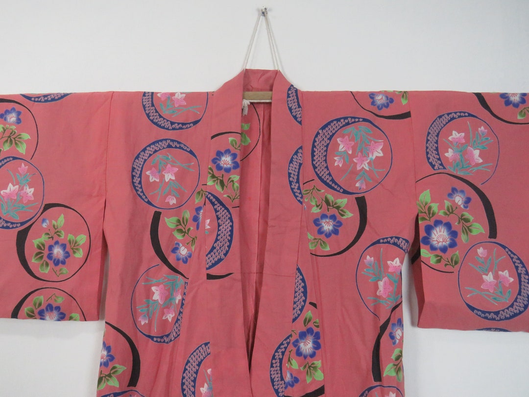 Vintage Japanese Cotton Yukata Pink Peach Color Flower Pattern Kimono ...