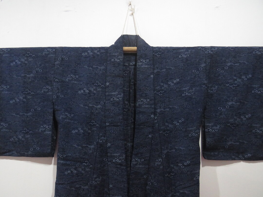 Vintage Japanese Kimono Dark Blue Color Flower Pattern Kimono Robe ...