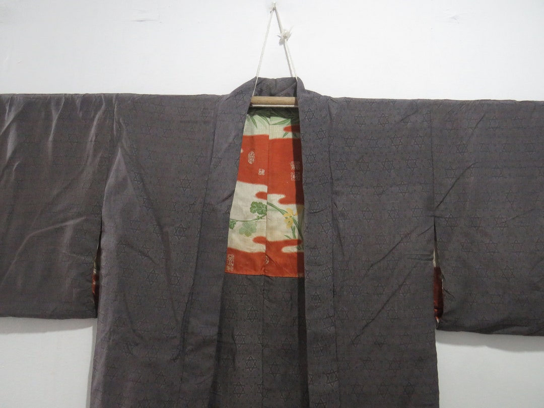 Vintage Japanese Jacket Haori Dark Grey Color Stars Pattern Kimono Robe ...