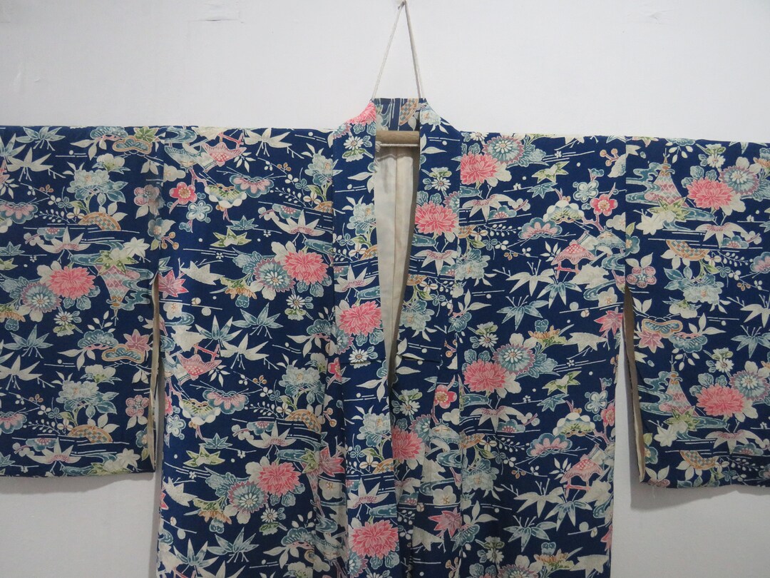 Vintage Japanese Kimono Royal Blue Color Flower Pattern Kimono Robe ...