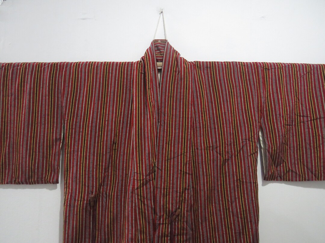 Vintage Japanese Jacket Haori Red Color Line Pattern Kimono Robe ...