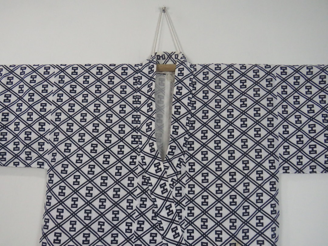 Vintage Japanese Cotton Yukata White Blue Color Various Shapes Pattern ...