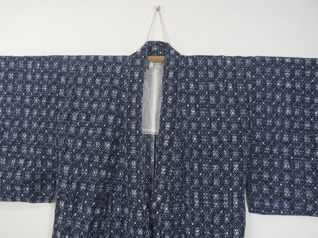 Vintage Japanese Cotton Yukata White, Blue and Grey Color Square ...