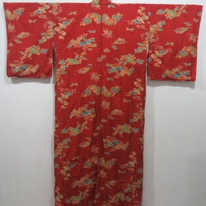 Vintage Japanese Kimono Red Color Flower Pattern Kimono Robe Nightwear ...
