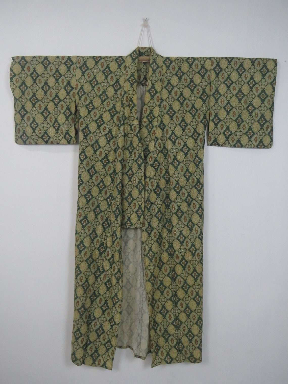 Vintage Japanese Kimono Dark Green, Yellow and Brown Color Abstract ...