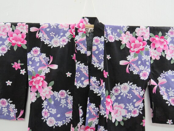 Vintage Japanese Cotton Yukata Black Color Flower Pattern | Etsy