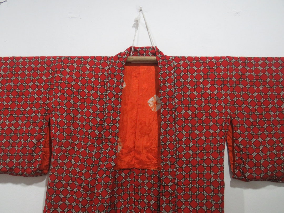 Vintage Japanese Jacket Haori Red, White and Grey Color Square Pattern ...