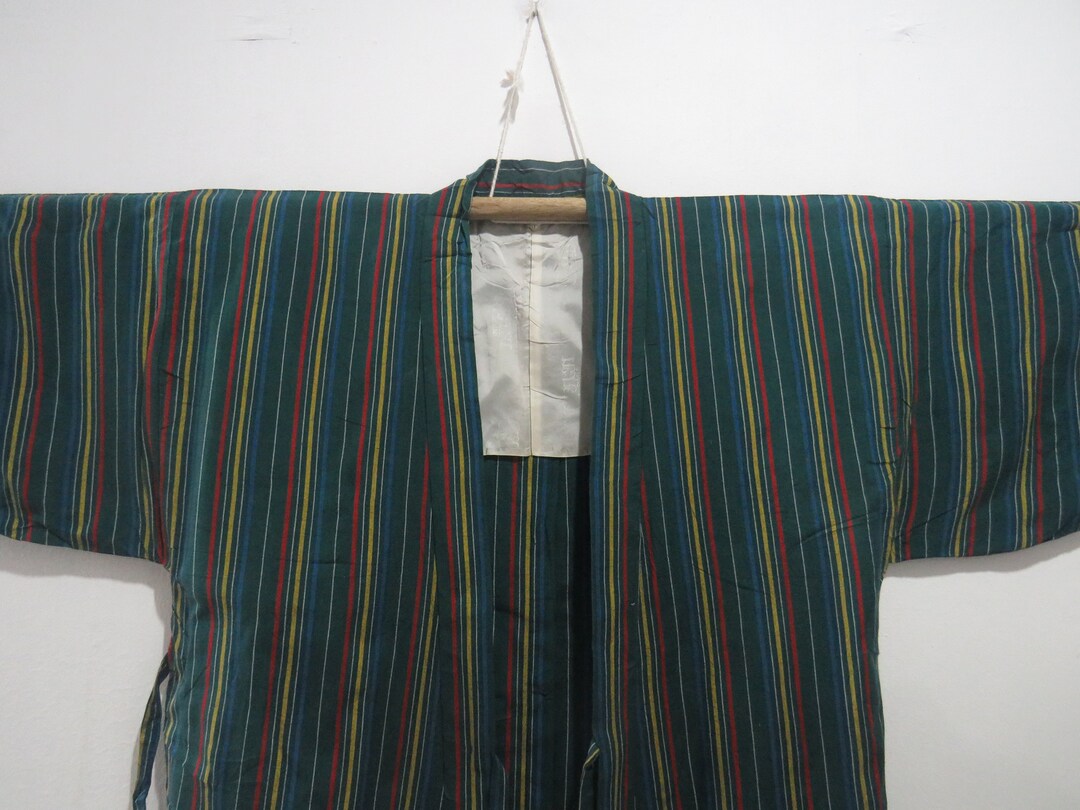 Vintage Japanese Jacket Haori Green and Multicolored Line Pattern ...