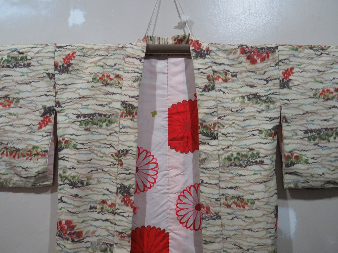 Vintage Japanese Jacket Haori Cream Color Flower Pattern Kimono Robe ...