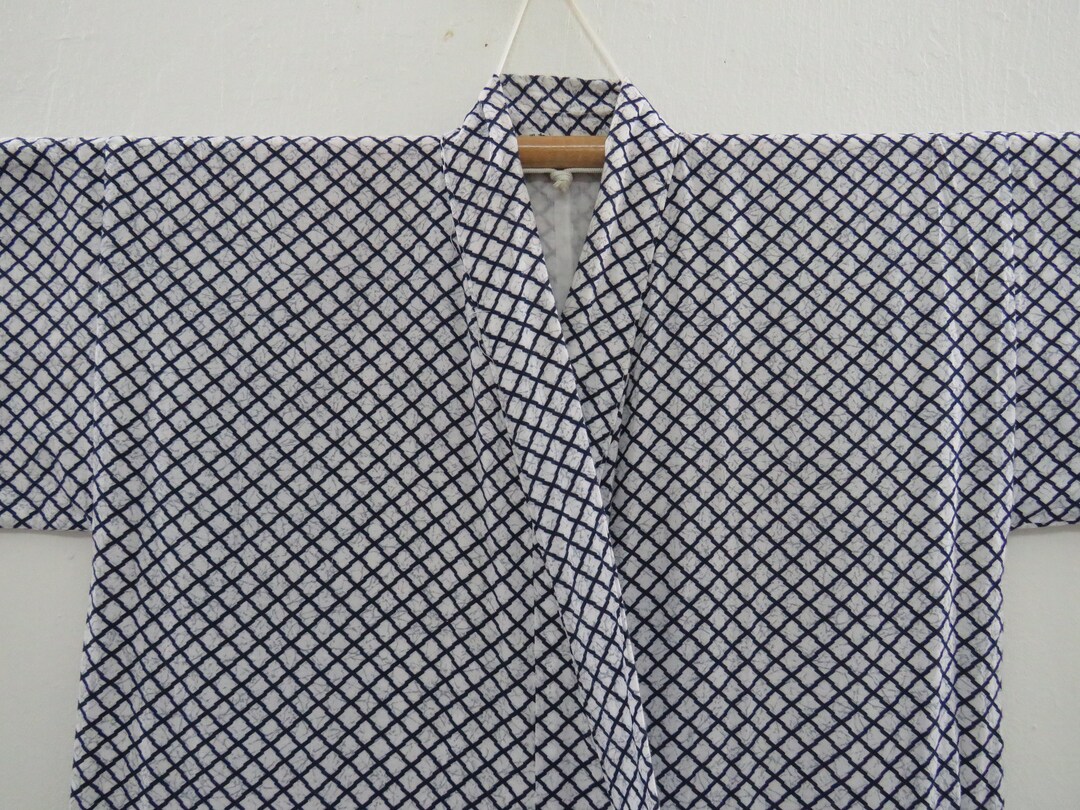 Vintage Japanese Cotton Yukata White and Dark Blue Color Abstract ...