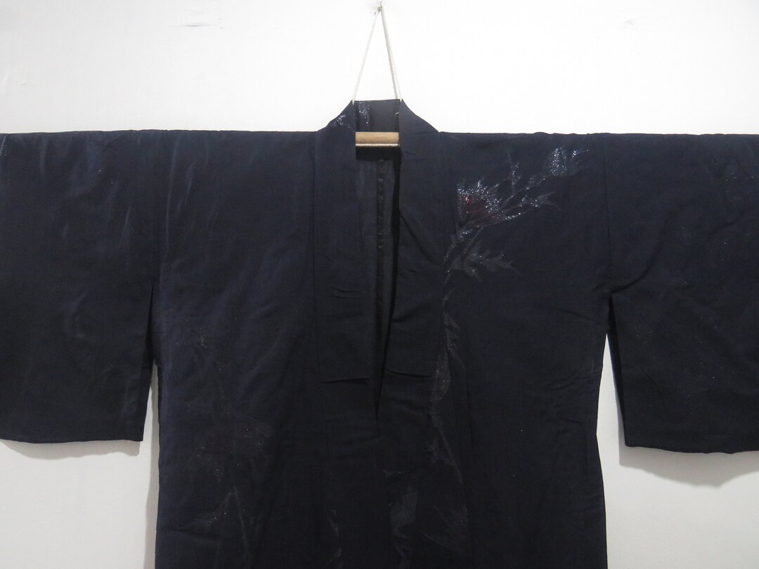 Vintage Japanese Kimono Dark Blue Color Flower Pattern Kimono Robe ...