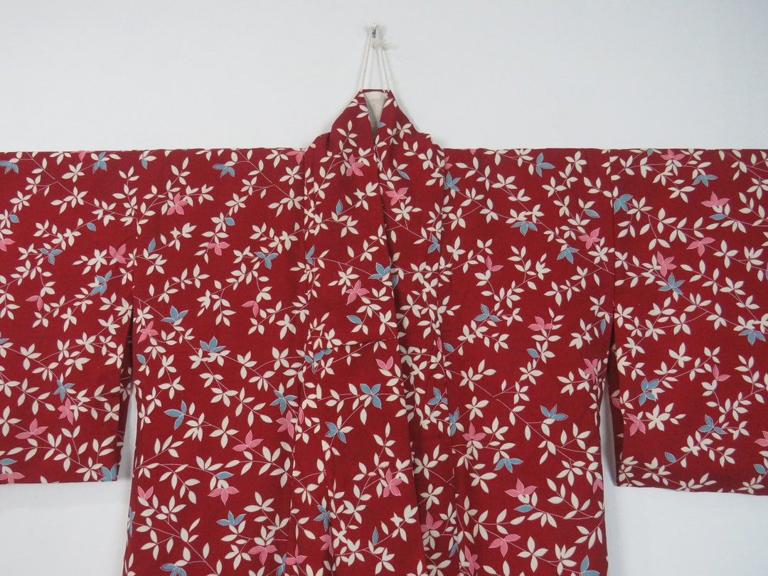 Vintage Japanese Kimono Red Color Flower Pattern Kimono Robe Nightwear ...