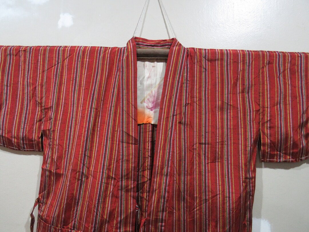Vintage Japanese Jacket Haori Red Color Line Pattern Kimono Robe ...