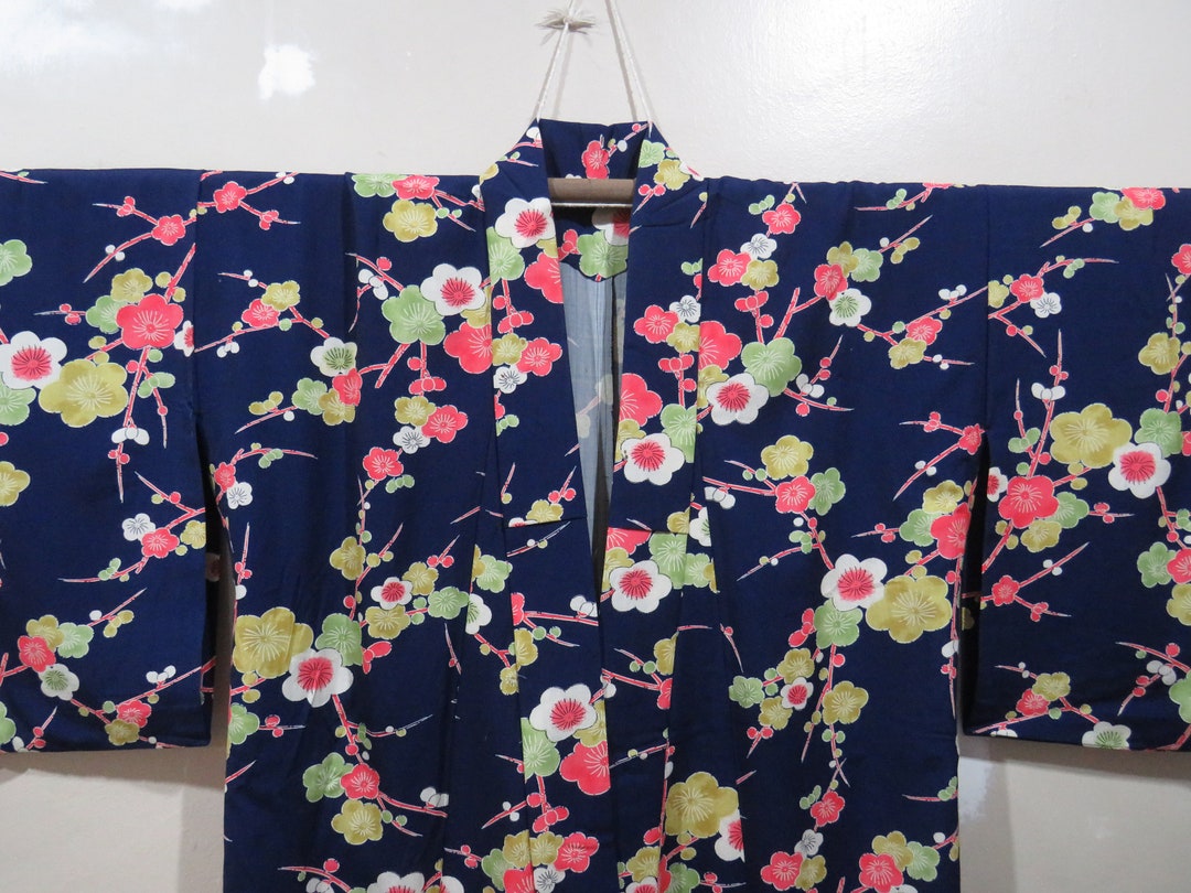 Vintage Japanese Kimono Blue Color Flower Pattern Kimono Robe - Etsy