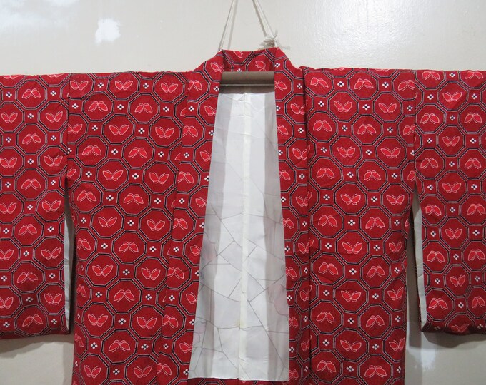 Vintage Japanese Jacket Haori Blood Red Color Butterfly Pattern Kimono ...