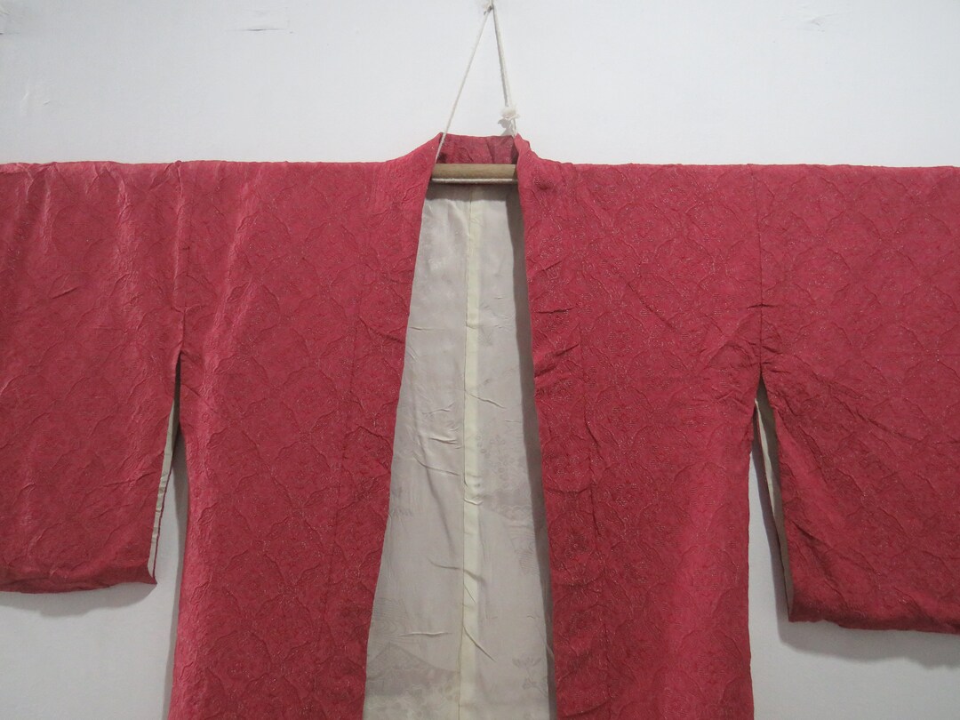 Vintage Japanese Jacket Haori Red Cherry Color Flower Pattern Kimono ...
