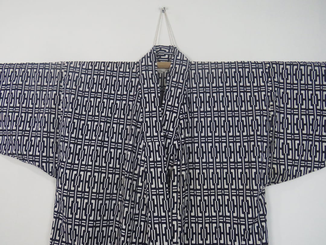 Vintage Japanese Cotton Yukata White Blue Color Various Shapes Pattern ...