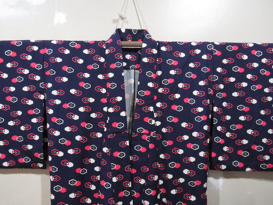Vintage Japanese Kimono Navy Blue Color Abstract Pattern Kimono Robe ...