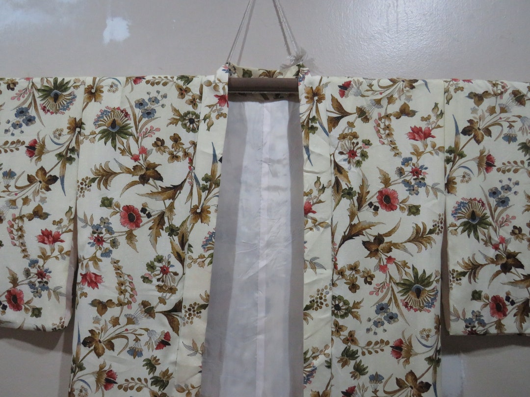 Vintage Japanese Jacket Haori Yellow Color Flower Pattern Kimono Robe ...