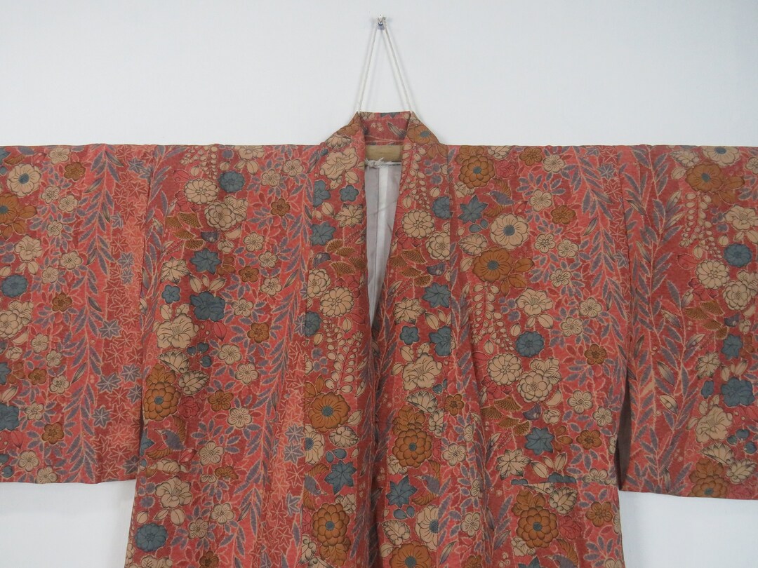Vintage Japanese Kimono Rosewood Color Flower Pattern Kimono Robe ...