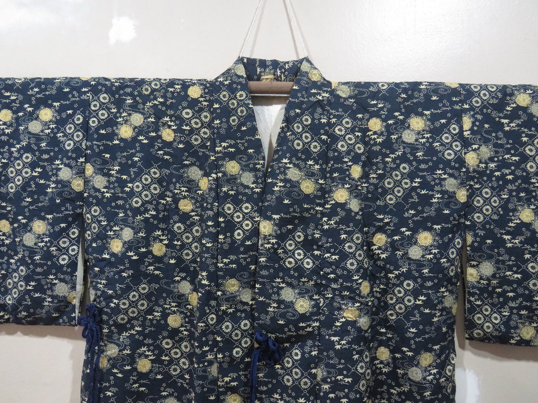 Vintage Japanese Jacket Haori Royal Blue and Yellow Color Flower ...