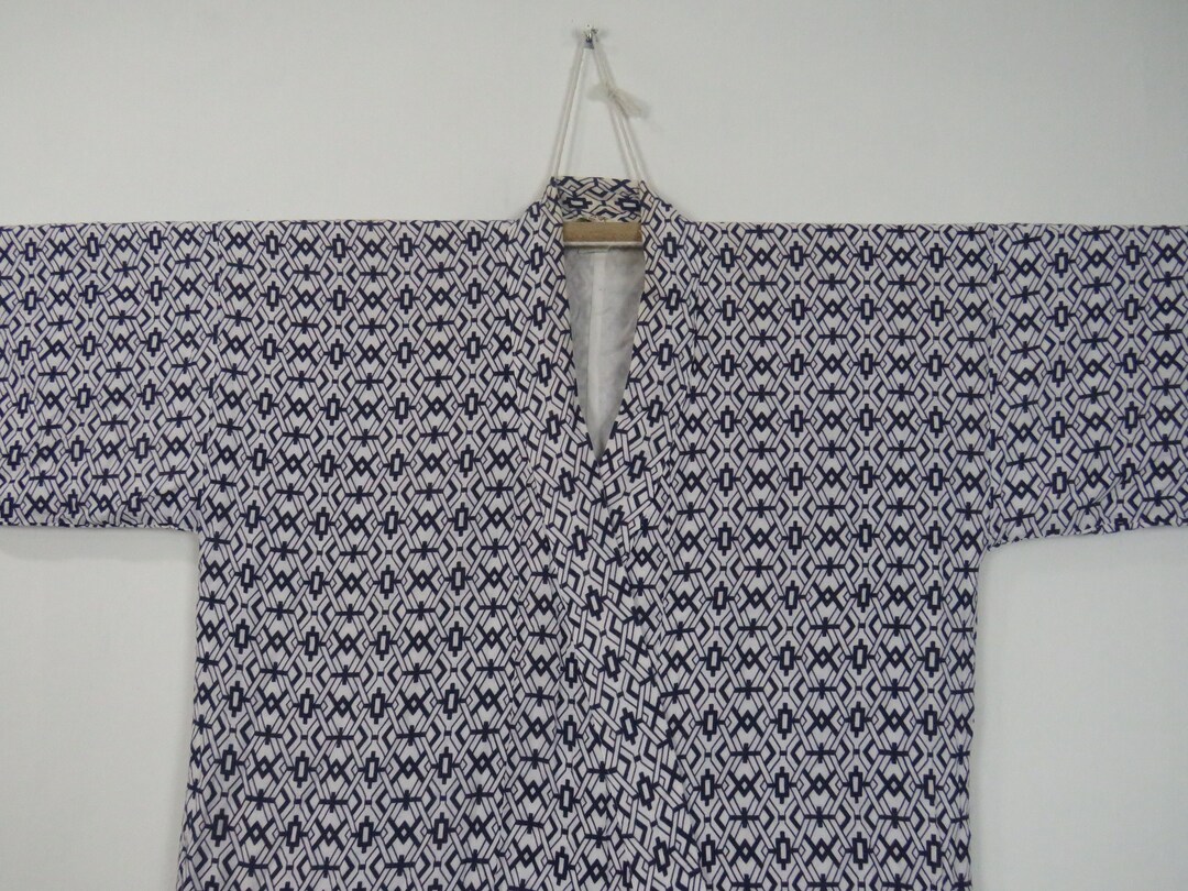 Vintage Japanese Cotton Yukata White Blue Color Various Shapes Pattern ...