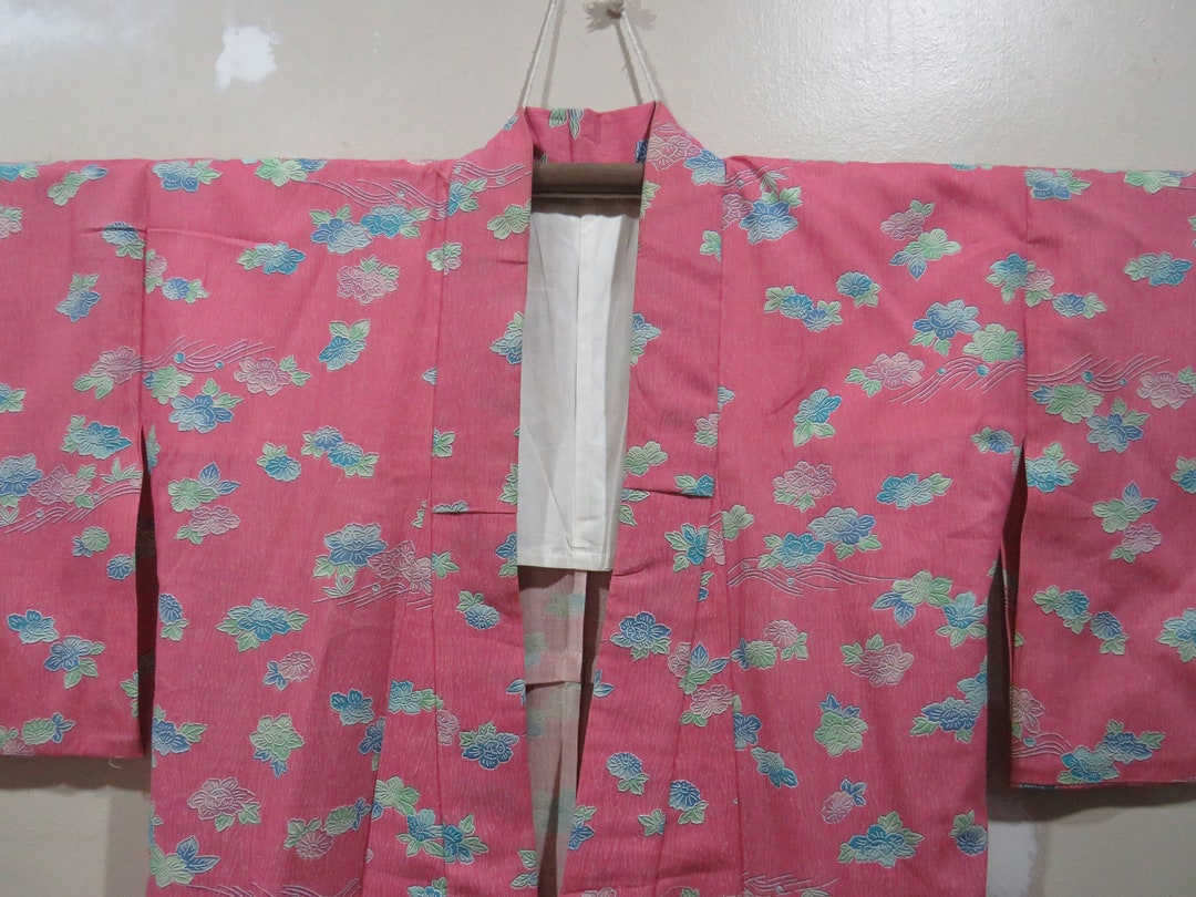 Vintage Japanese Kimono Pink Color Flower Pattern Kimono Robe Nightwear ...