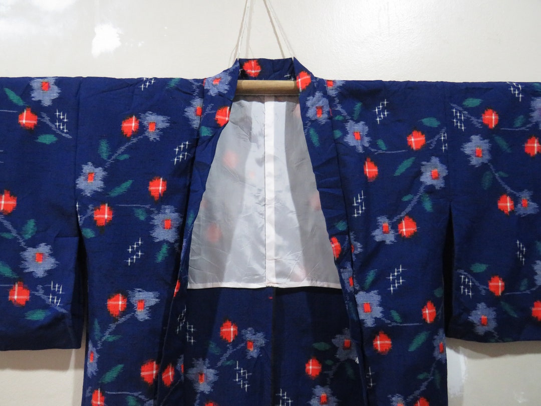 Vintage Japanese Jacket Haori Navy Blue Color Flower Pattern Kimono ...