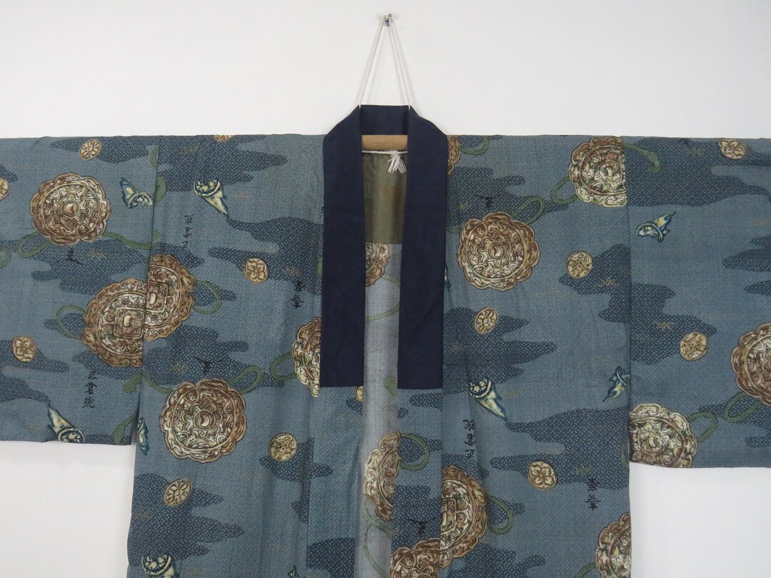 Vintage Japanese Cotton Yukata Grey Color Abstract Pattern Kimono Robe ...