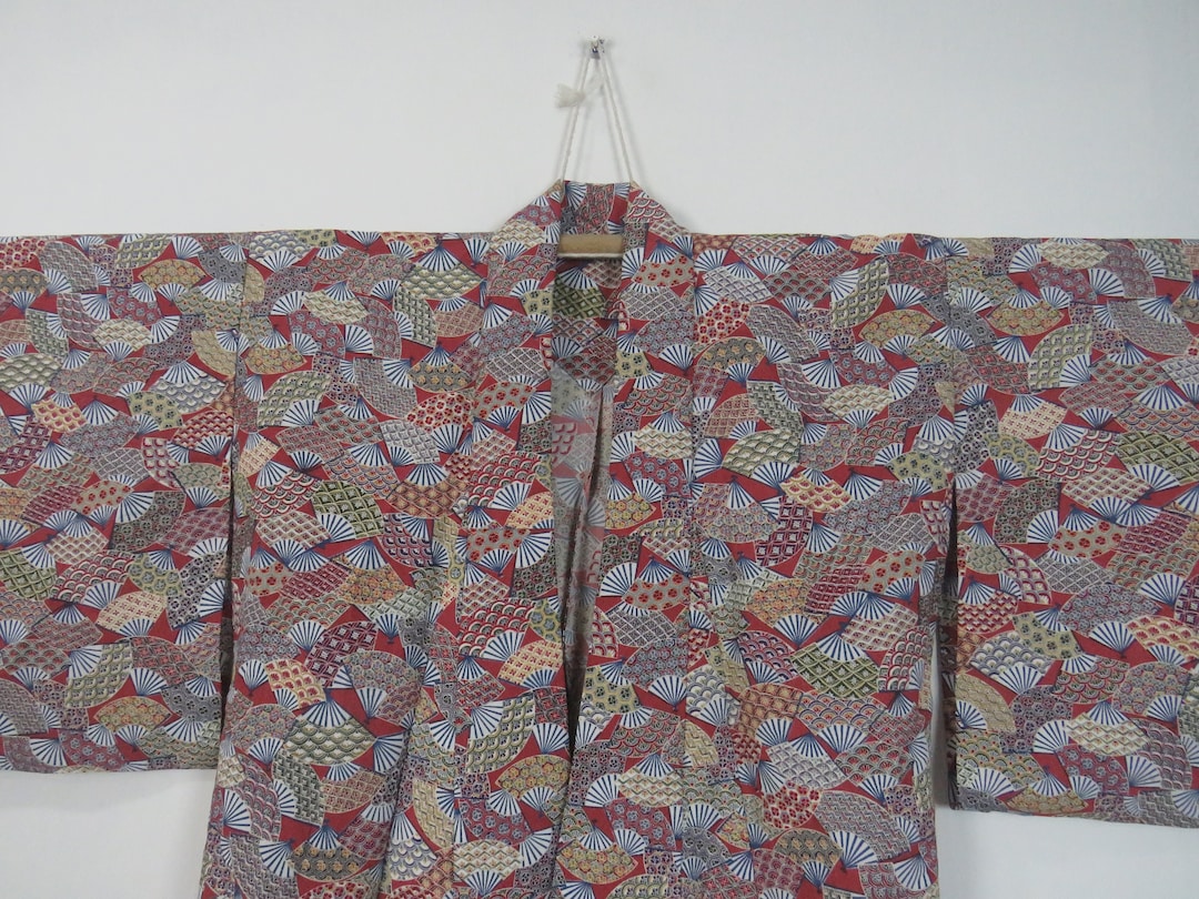 Vintage Japanese Kimono Red Velvet Color Hand Fan Pattern Kimono Robe ...