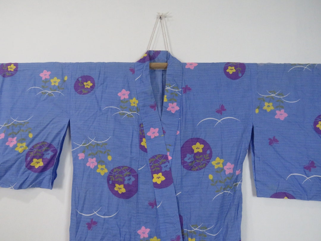 Vintage Japanese Cotton Yukata Sky Blue Color Flower Pattern Kimono ...